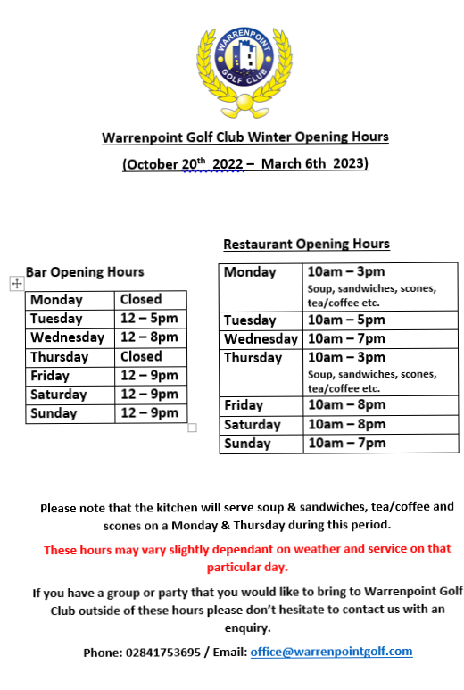 Opening Hours - Warrenpoint Golf Club